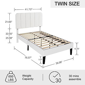 VECELO Twin Size Bed Frame with Adjustable Headboard, Velvet Heavy Duty Platform Beds with Strong Wood Slats Support, No Box Spring Needed, White