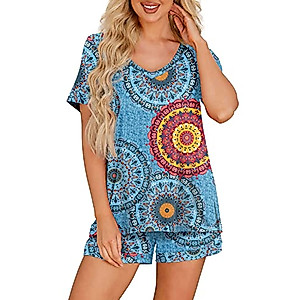 PrinStory Women's Pajama Set Short Sleeve Shirt and Shorts Sleepwear Pjs Sets with Pockets FP-Mix Blue-Small