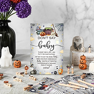 Patelai 321 Pcs Baby Shower Games Supplies, 5 Sets (50 Cards Each) Activities Cards with 20 Pencils 1 Don't Say Baby Sign 50 Clothespin(Halloween)