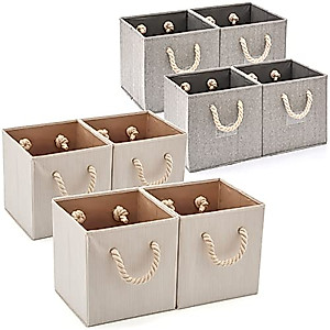 EZOWare Set of 8 Bamboo Fabric Storage Bins with Cotton Rope Handle for Nursery Toys, Gray + Beige