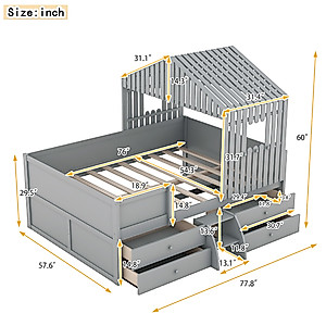 Full Size House Bed for Kids, Full Bed Frame with 4 Storage Drawers, Fences and Roof, Solid Wooden Low Loft Bed Full Platform Bed Frame for Kids Teens Girls & Boys (Full, Gray)