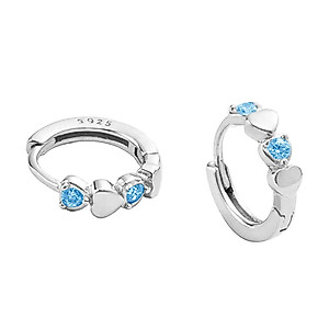 Double Love Heart Cubic Zirconia Sleeper Small Hoop Earrings for Women Teen Girls S925 Sterling Silver Cartilage Tiny Cute Huggie Hoops Hypoallergenic for Sensitive Ear Baby-Blue CZ