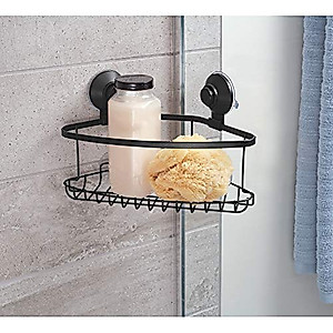iDesign Everett Metal Push Lock Suction Corner Shower Caddy, Extra Space for Shampoo, Conditioner, and Soap with Hooks for Razors, Towels, Loofahs, and More, 5.58" x 10.58" x 6.67", Matte Black