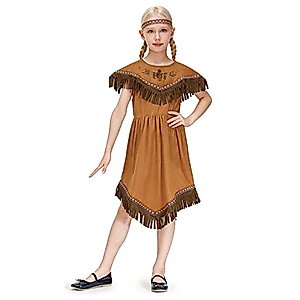 IIMMER Girls Halloween Native American Costume Brown Fringed Indians Pleated Aline Dress Outfit with Headband 9-10 Years