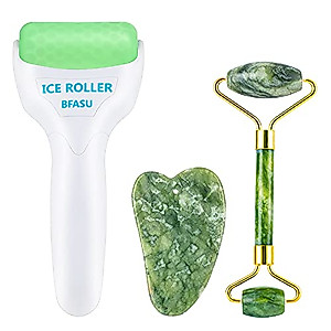 BFASU Facial Roller Set of 3, Ice Roller, Two-Sided Jade Roller and Gua Sha Massage Tool, Rolling Tool for Facial Beauty and Body Massage, Helps Reduce Puffy,Skin Care Gifts (Green)