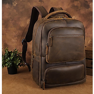 Masa Kawa Large Full Grain Leather 17.3" Laptop Backpack for Men Vintage Brown College School Bookbag Business Travel Work Casual Daypack Rucksack Bag