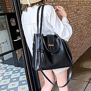 Poopy 3-pc Purses and Handbags for Women Fashion Ladies PU Leather Top Handle Satchel Shoulder Tote Bags (black)