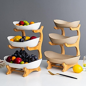 XUDREZ 3 Tier Fruit Basket for Kitchen Counter, 11"*8.6"*13" Ceramic Fruit Bowl for Kitchen Counter, Large Capacity Fruit Bowl Set with Holder, Bamboo Fruit Serving Tray (Porcelain)