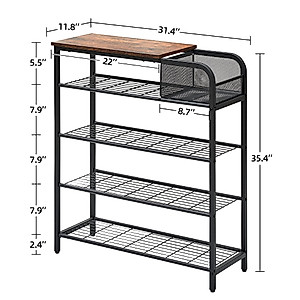 coucheta Shoe Rack for Entryway, 5 Tier Shoe Storage Rack for 12-16 Pairs of Shoes, Shoe Rack Adjustable Shoe Organizer with Sturdy Wooden Top and Mesh Storage Basket, Industrial Style, Rustic Brown