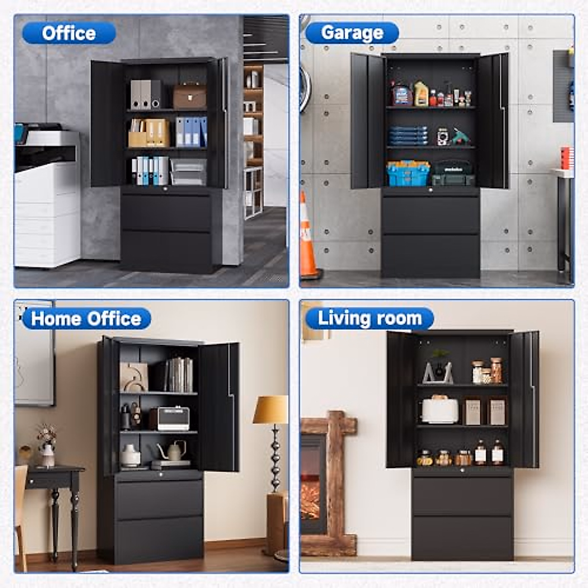 heycode File Cabinet with 2 Drawers - Metal Vertical Lateral Filing Storage Cabinet with Lock - Storage Cabinet with File Cabinet for Home Office Hanging Files Legal/Letter/A4 Size (Black, 2 Drawers)
