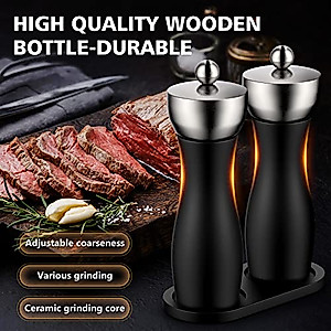 Pepper and Salt Grinder Set, Wooden Pepper Mill with Ceramic Mechanism, Solid and Durable Salt Grinders Suited for Sea Salt, Black Peppercorn (6'', Black Set of 2)
