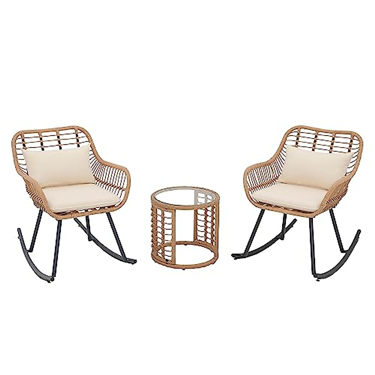 JOIVI Outdoor Furniture Rocking Chairs Set, 3 Piece Wicker Patio Rocking Chairs and Side Table Set, Outdoor Bistro Conversation Set for Porch, Balcony, Poolside, Yard, White Cushions