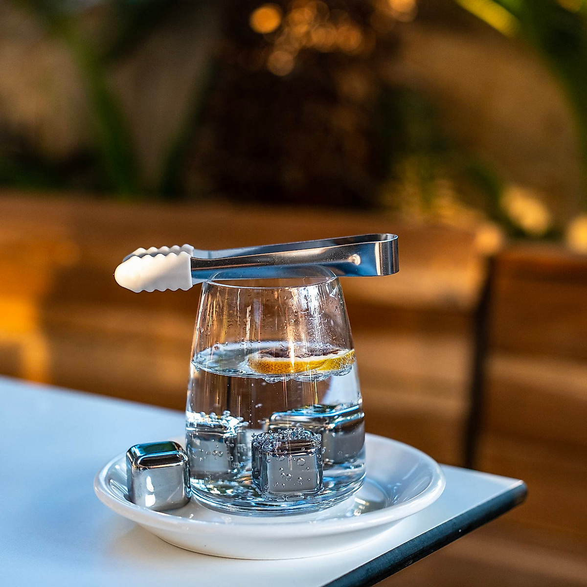 Whiskey Stones Stainless Steel Gift Set for Men, Dad - Reusable Waterless Cooling Ice Cubes with Tongs for Drink, Beverage, Bourbon, Coffee - 4 Pcs with Tongs in Box