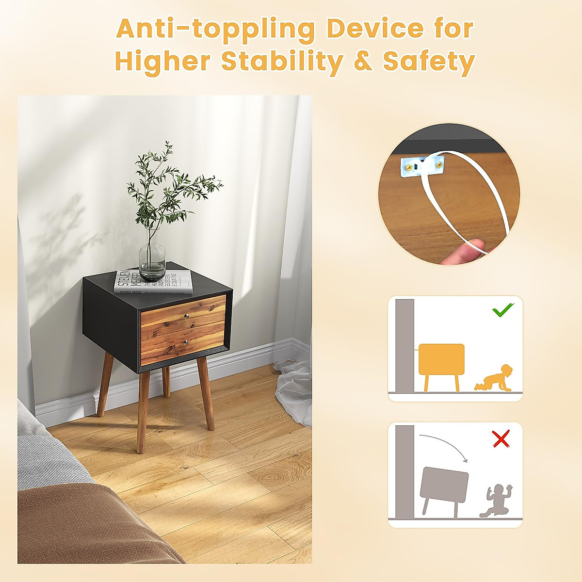 Giantex Nightstand with 2 Drawers Set of 2, Mid Century Modern Bedside Table with Solid Wood Legs, Practical End Side Table for Living Room Bedroom Small Space, Night Stand, Black & Walnut