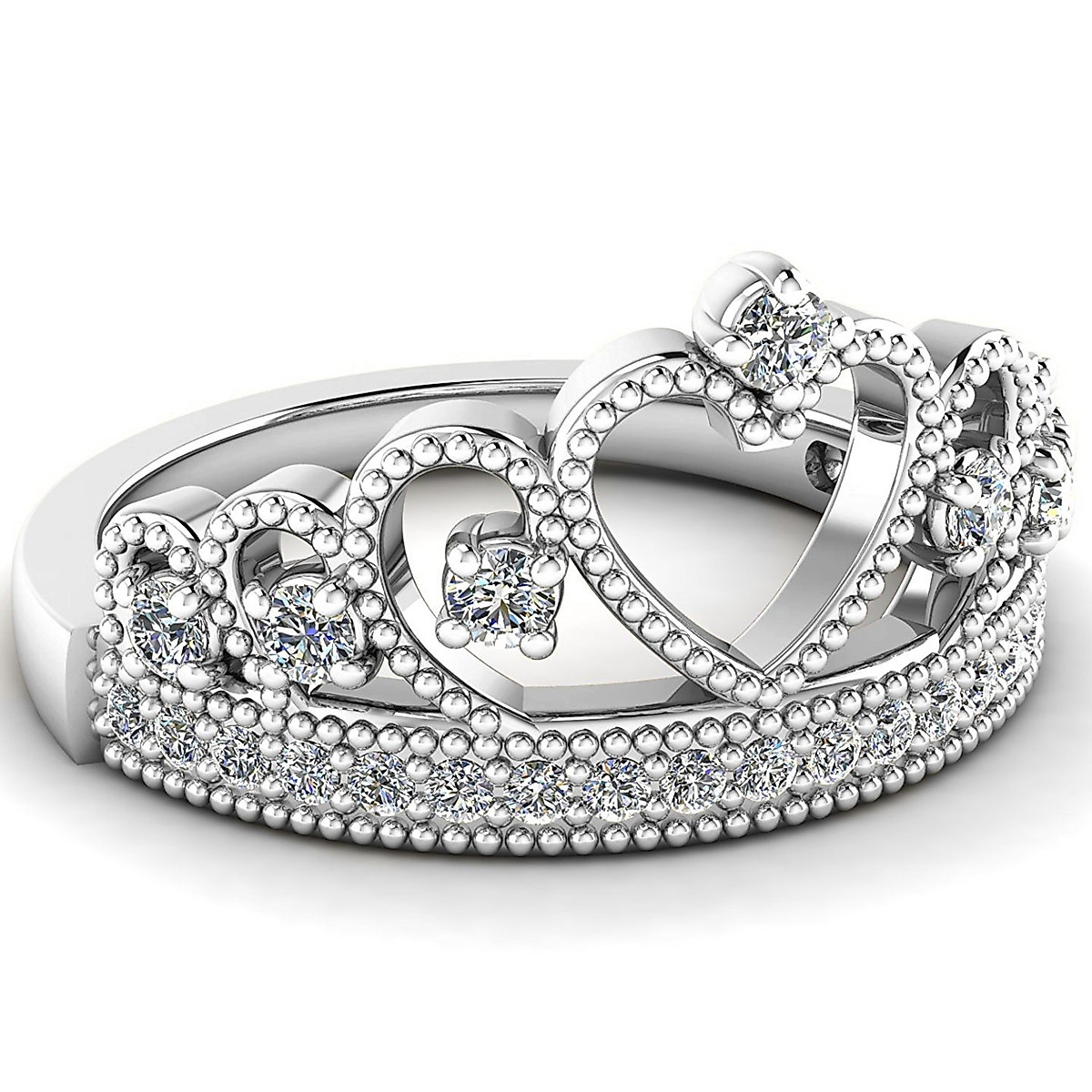 Sterling Silver Rhodium Plated Heart Princess Crown CZ Band Ring Size 7
