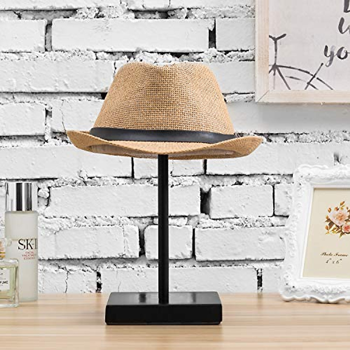 MyGift Premium Tabletop Black Metal Hat Stand and Wig Display Holder Rack with Fabric Covered Dome and Adjustable Height