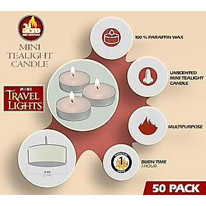 Mini Tea Light Candles - 50 Bulk Pack - White Unscented Travel, Centerpiece, Decorative Candle - 1 Hour Burn Time - Pressed Wax