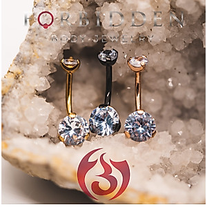 Forbidden Body Jewelry Long Belly Button Rings, Belly Button Jewelry, 14G Surgical Steel, Tri-Prong Round CZ Solitaire Belly Ring for Women, Internally Threaded (Gold/Clear)