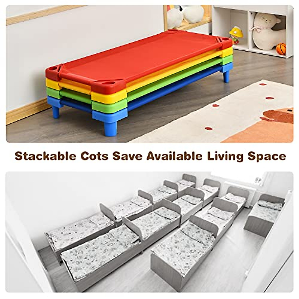 Costzon Daycare Cots for Kids, Pack of 4, 51” L x 23” W Stackable Nap Cots with Easy Lift Corners, Ready-to-Assemble, Preschool Classroom Daycare Beds for Sleeping, Resting, Naptime (Multicolor)