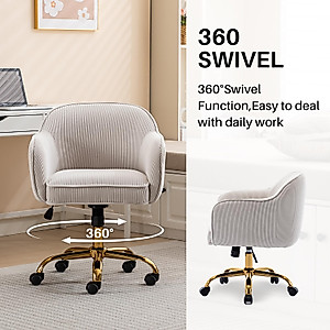 obmedin Home Office Desk Chair with Arms Gold Wheels Modern Velvet Upholstered Rolling Computer Chair Mid-Back Ergonomic Adjustable Swivel Vanity Chair for Bedroom Study Office, Beige,Corduroy