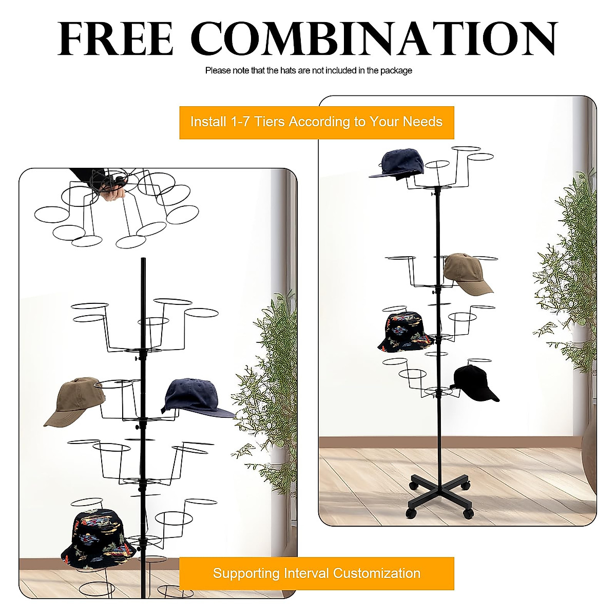 DDBESSIC 7-Tier Rotating Hat Display Rack, 35 Hooks Metal Freestanding Retail Display Stand Commercial Large Headwear Wig Rack Metal Floor Rack for Hats and Wigs (Black)