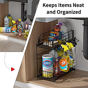 SUEH DESIGN Under Sink Organizers and Storage, 2 Tier Pull Out Cabinet Organizer Sliding Under Sink Storage Shelf with Hanging Rail for Kitchen Bathroom Cabinet Storage, 1 Pack