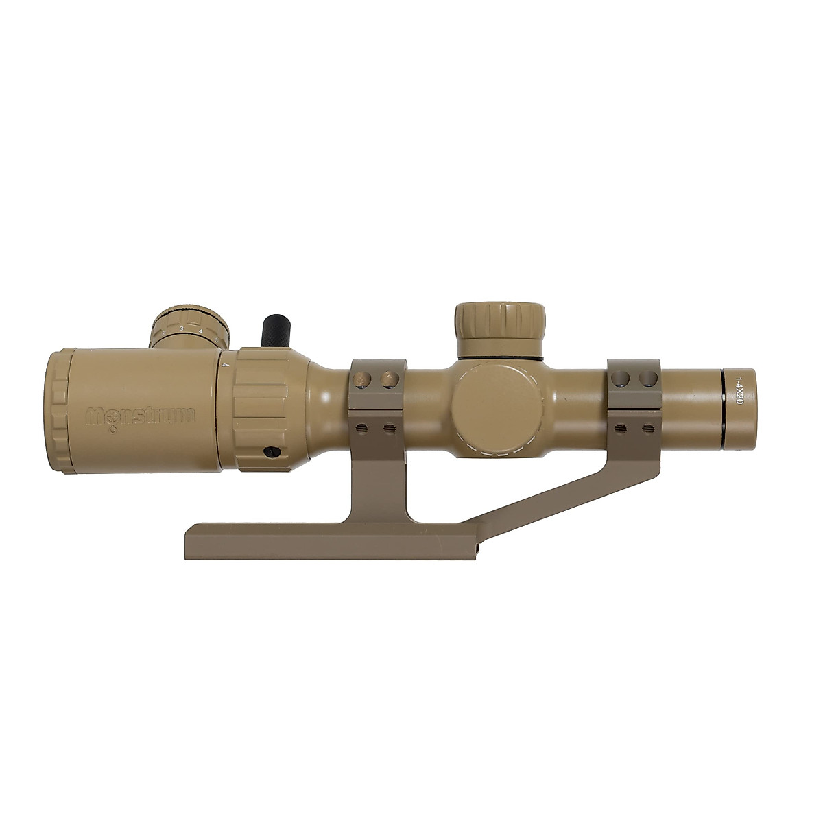 Monstrum 1-4x20 Rifle Scope with Rangefinder Reticle | V.2 H-Series Cantilever Scope Mount | Flat Dark Earth | Bundle