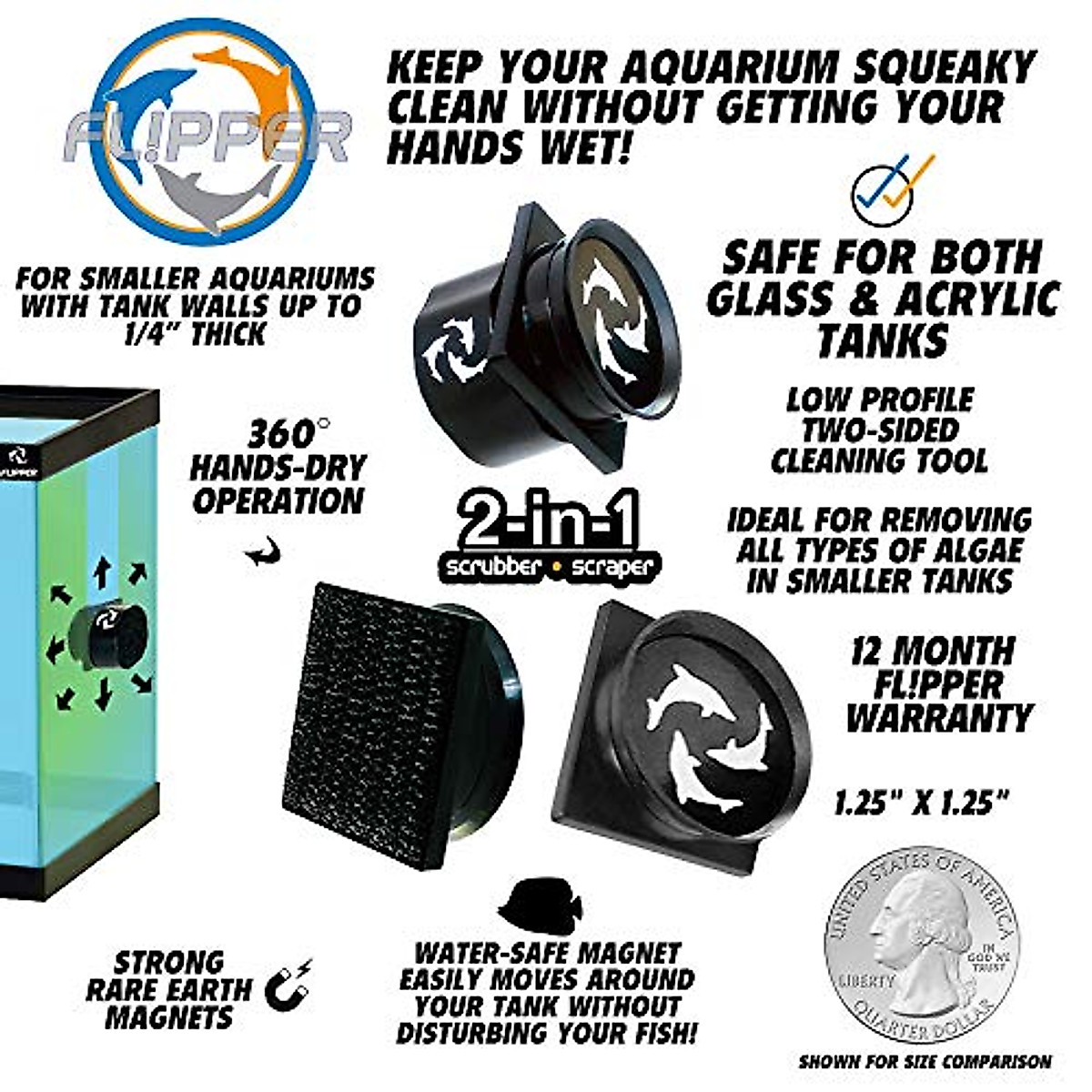 FL!PPER Flipper Pico 2 in 1 Magnetic Scrubber Scraper Aquarium Fish Tank Cleaner - Black