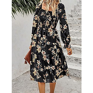 PRETTYGARDEN Women's Long Sleeve Midi Dresses 2023 Square Neck Floral Aline Boho Fall Casual Smocked Dress