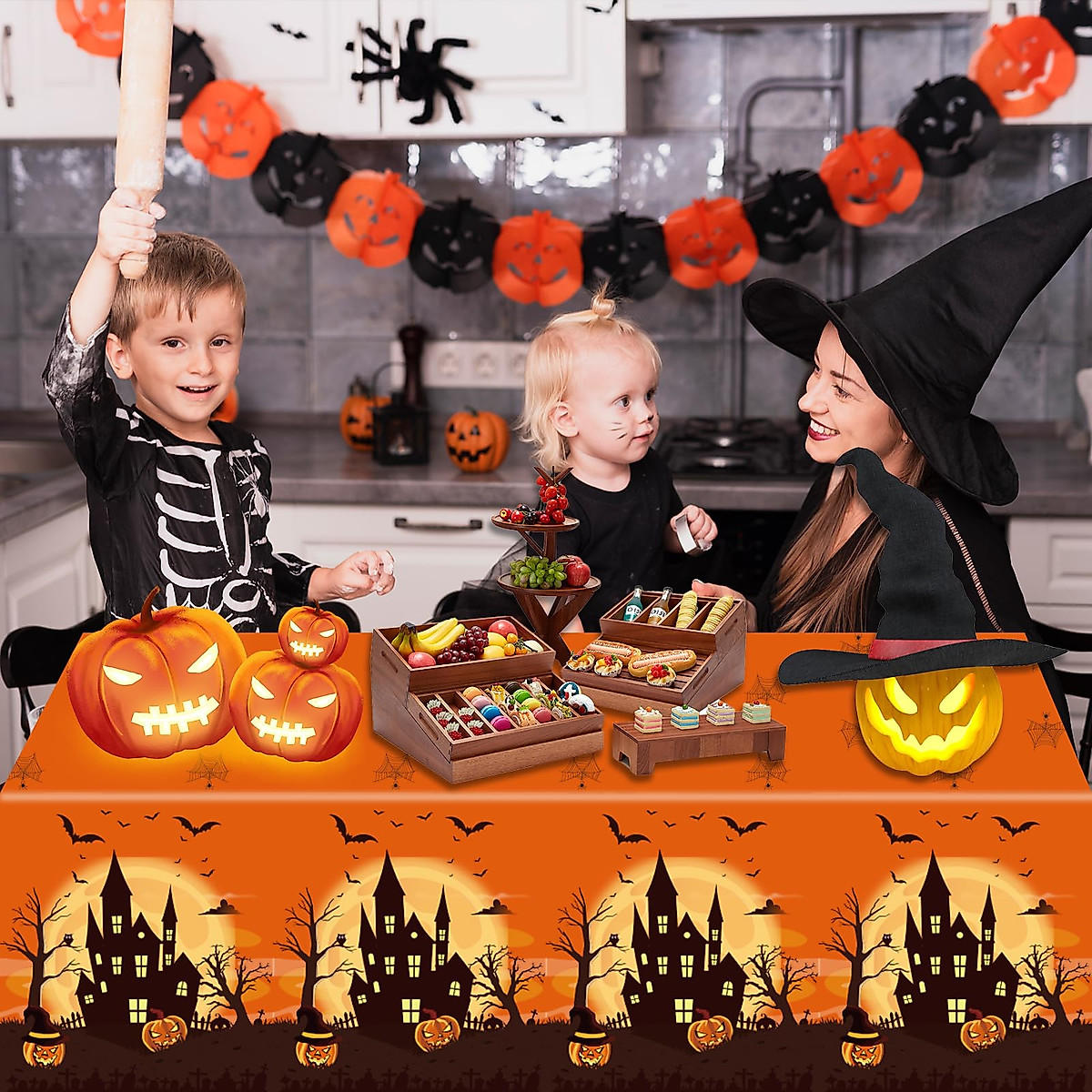 Kesfey 3 Packs Orange Halloween Tablecloth 54 x 108 Inches Scary Castle Ghost Pumpkin Table Cloth Disposable Waterproof Plastic Bat Spider Web Table Cover Trick or Treat for Halloween Party Dining