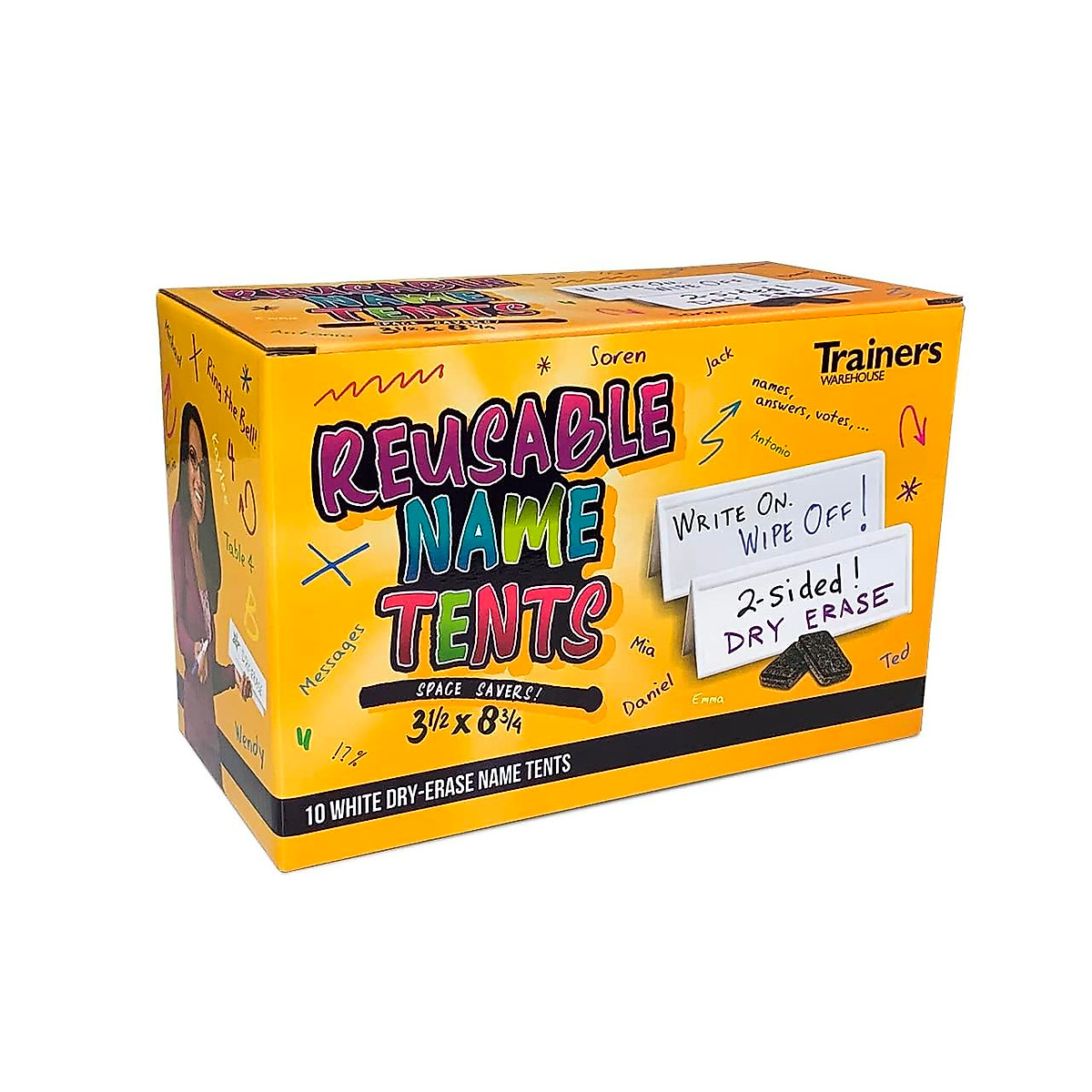 Trainers Warehouse Heavy Duty Premium Set of 30 Dry-Erase Name Cards | Space-Saver (8.75" x 3") 2-Sided Reusable White, Dry-Erase Tent | Set Includes, Name Cards, Markers, Mini-Erasers & Tote