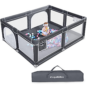 ANGELBLISS Baby Playpen, Extra Large Playard, Indoor & Outdoor Kids Activity Center with Anti-Slip Base, Sturdy Safety Play Yard with Breathable Mesh, Kid's Fence for Toddlers(Dark Grey,79”x71”)