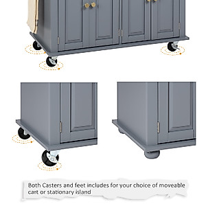 Finnhomy Rolling Kitchen Island With Drop Leaf, Thicken Rubberwood Top, Spice Rack, Towel Rack, Drawer, 43.3" Portable Mobile Kitchen Island Carts Table, Storage Cabinet, Both Wheels and Feet Included