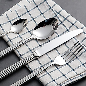 Taiyoko Silverware Set Flatware Stainless Steel Cutlery Striped Mirror Polished Kitchen Utensils Tableware Service with Steak Knives Dinner Fork Knife Spoon