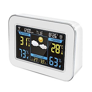 XARONF Weather Station Indoor Outdoor Thermometer, Atomic Alarm Clock with Temperature Alert Humidity, Large Color Display Weather Monitor with Calendar and LCD Backlight for Home (Color : White)