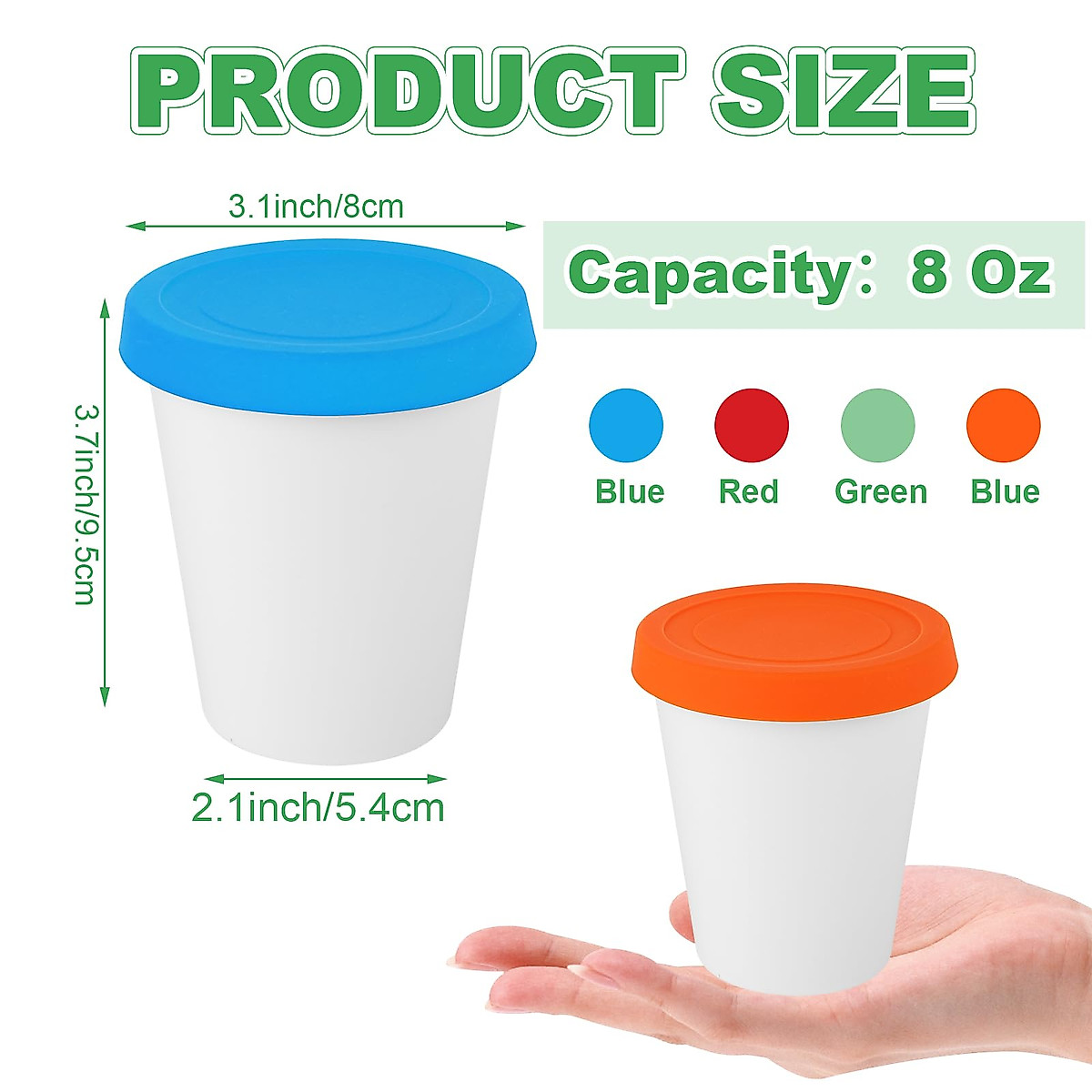 WOPPLXY 6 Pack Ice Cream Containers, 8Oz Freezer Storage Tub with Silicone Lids, Reusable Ice Cream Storage Containers for for Homemade Ice Cream, Sorbet, Dessert - Blue, Red, Green, Orange