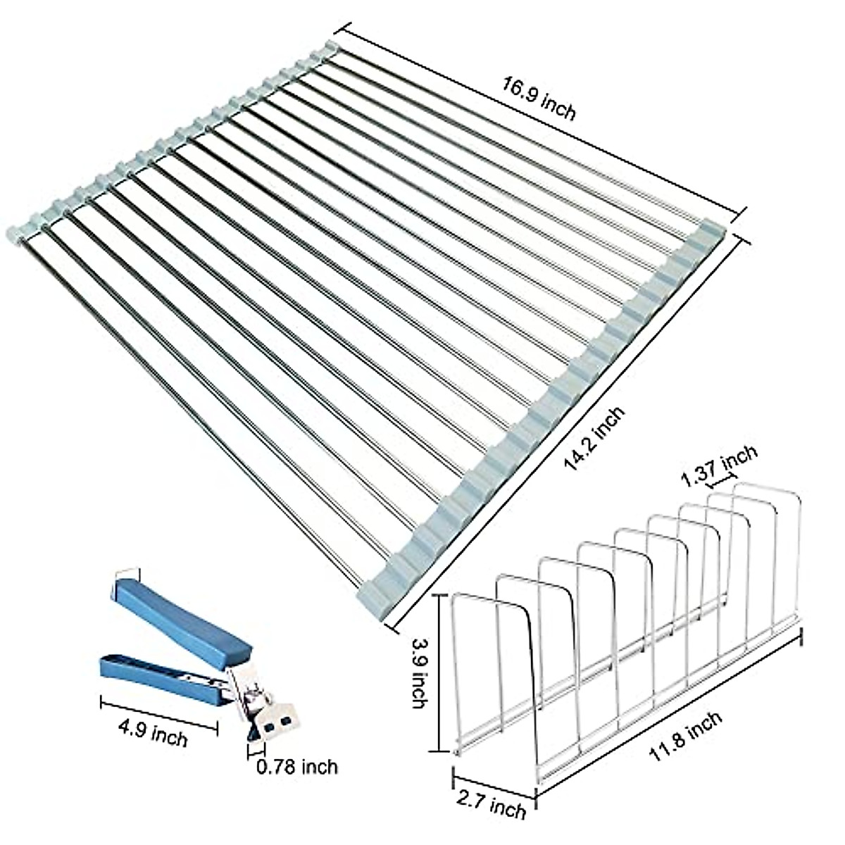 HRAYLTOP Roll Up Dish Drying Rack with Pot Lid Organizer,Plate Holder Rack Over The Sink,Kitchen Foldable Multipurpose Heat Resistant Dish Drainer Rack for Fruits Vegetable and Meat 16.9" x 14.2"