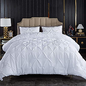 Andency White Pinch Pleat Comforter Full(79x90Inch), 3 Pieces(1 Pintuck Comforter and 2 Pillowcases) Down Alternative Microfiber Comforter Bedding Set