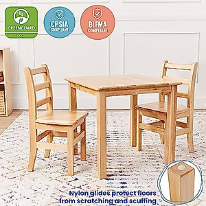 ECR4Kids 24in x 24in Hardwood Table and Chairs, 14in Seat Height, Kids Furniture, Natural, 3-Piece
