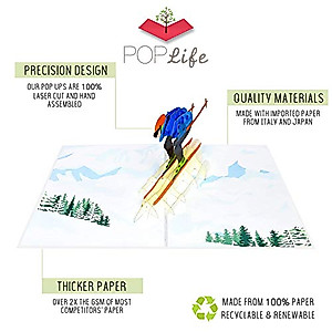 PopLife Mountain Skier 3D Pop Up Greeting Card - Birthday Card for Ski Bums and Snow Lovers, Retirement Gift for Boss, Sports Downhill Skiing - for Husband, for Boyfriend, for Son