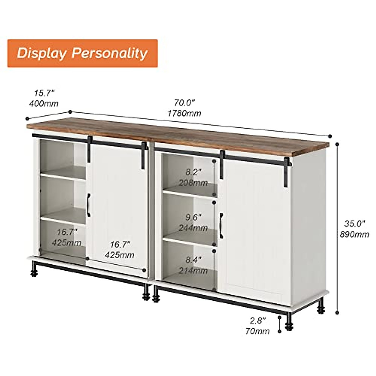 WAMPAT Multifunctional Storage Cabinet with Sliding Barn Door,LED Decorative Farmhouse Buffet Cabinet Coffee Bar Cabinet Accent Cabinet Entryway Storage Table for Living Room,Kitchen,70'',Cream White