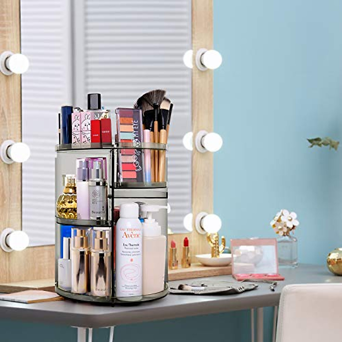 sanipoe 360 Degree Rotation Makeup Organizer Gray, Lazy Susan Cosmetics Storage Shelf Makeup Carousel Rotating Display Rack, Great for Countertop Bathroom Counter