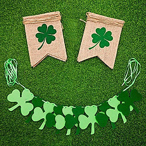 4 Pieces Burlap Lucky Banner Glitter Shamrock Banner Rustic Four Leaf Clover Banner Felt Shamrock Hanging Garland for St. Patrick's Day Decoration