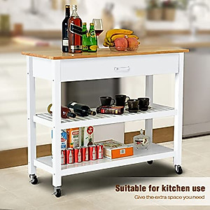 Unovivy Kitchen Island on Wheels, 3 Tier Kitchen Cart with Storage Drawer, 2 Shelves & Towel Rack, Rolling Kitchen Island with Wood Tabletop, Simple Design Mobile Island Table for Kitchen, White