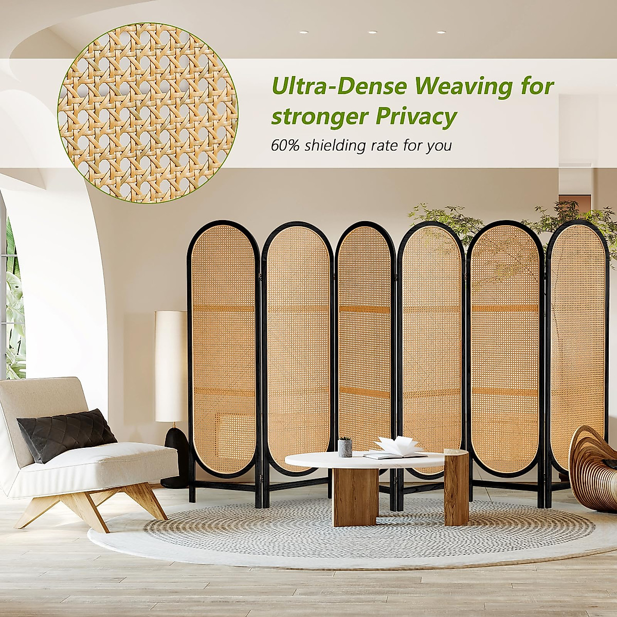 Leesinwing 6 Panels Room Dividers and Folding Privacy Screens, Hand-Woven Rattan Room Divider Wall, Wood Room Divider Freestanding Room Partitions Screen for Home Office Bedroom, Black
