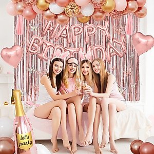 Amandir Rose Gold Birthday Party Decorations for Women Girls, Rose Gold Pink Confetti Foil Balloons, Butterfly, Fringe Curtain, Happy Birthday Banner, Cake Topper for30th 40th 50th 60th Supplies Decor