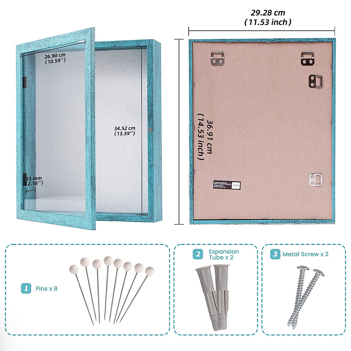 Muzilife 11x14 Shadow Box Picture Frame - 2.16" Interior Deep Wood & Glass Rectangle Display Case Ready to Hang Memory Box Baby Sports Memorabilia, Pins, Awards, Tickets, and Photos, Rustic Blue