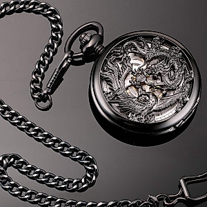 SIBOSUN Mechanical Pocket Watches Mens Lucky Phoenix and Dragon Skeleton Pocket Watch Black Antique Roman Numerals Box