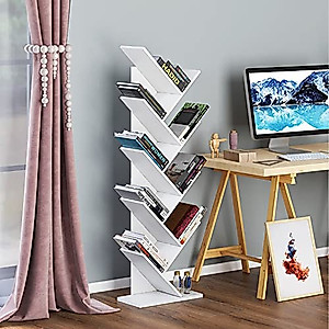 Function Home Tree Bookshelf, 9 Shelf Small Geometric Bookcase, Free Standing Book Shelves, Unique Wood Storage Rack for CDs/Books Utility Organizer Shelves for Living Room, Bedroom, Home Office,White
