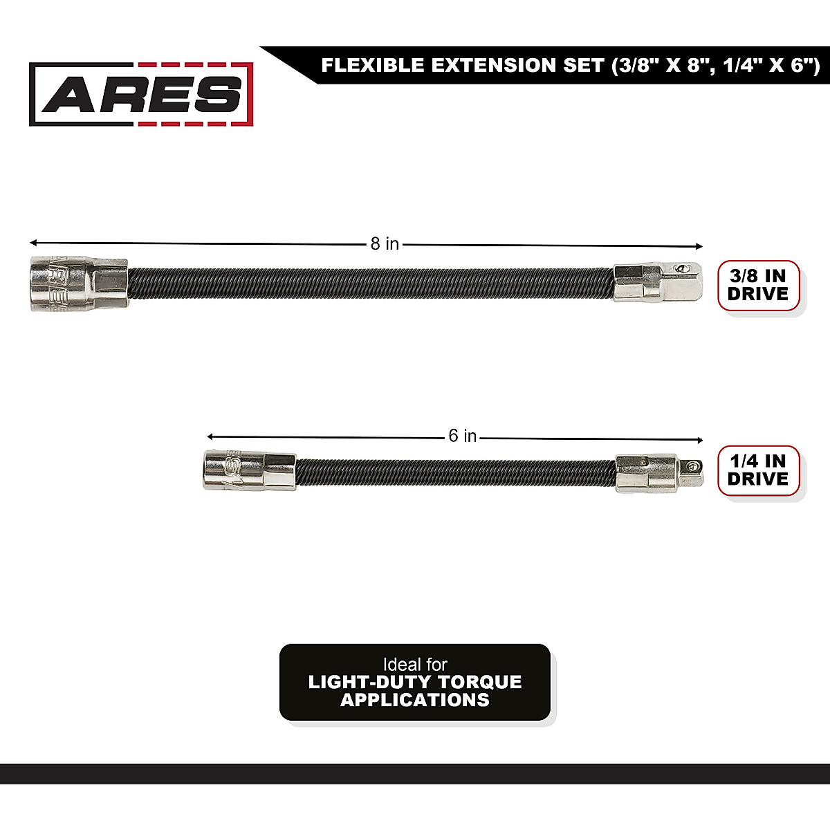 ARES 42071 – 2-Piece Flexible Socket Extension Set – 1/4-Inch and 3/8-Inch Drive Extensions – 6-Inch and 8-Inch Extensions with Flexible Shafts – Spring-Loaded Detent Balls to Prevent Slipping